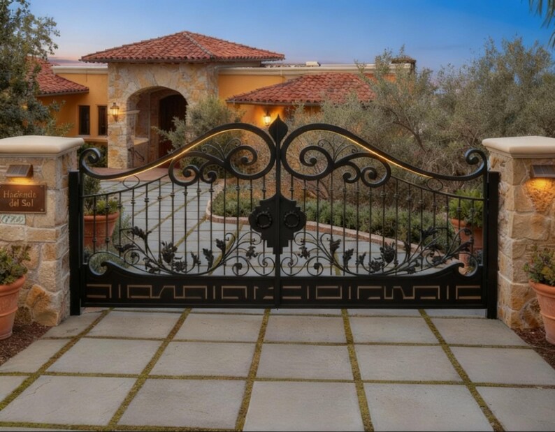 Ornabella Crest – Floral Scroll Wrought Iron Gate With Stone Pillars ...