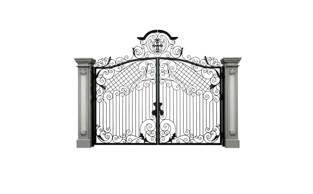 Crestveil Manor – Wrought Iron Gate With Lattice Panels & Emblem Arch ...