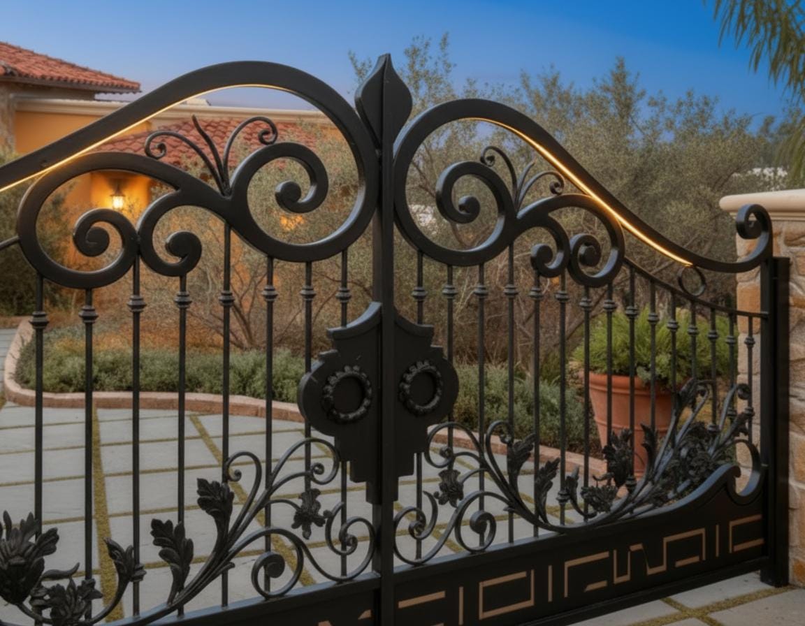 Ornabella Crest – Floral Scroll Wrought Iron Gate With Stone Pillars ...