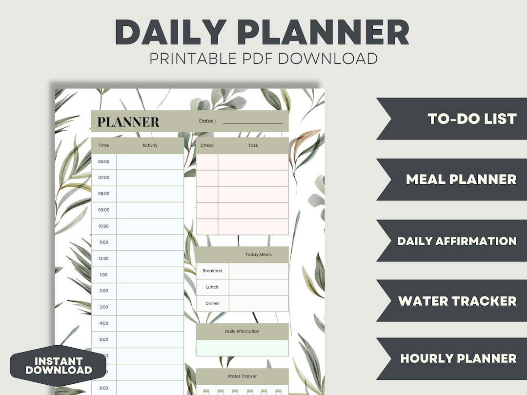 Day Planner Printable, Print at Home Daily Planner, 1 Hour Sections ...