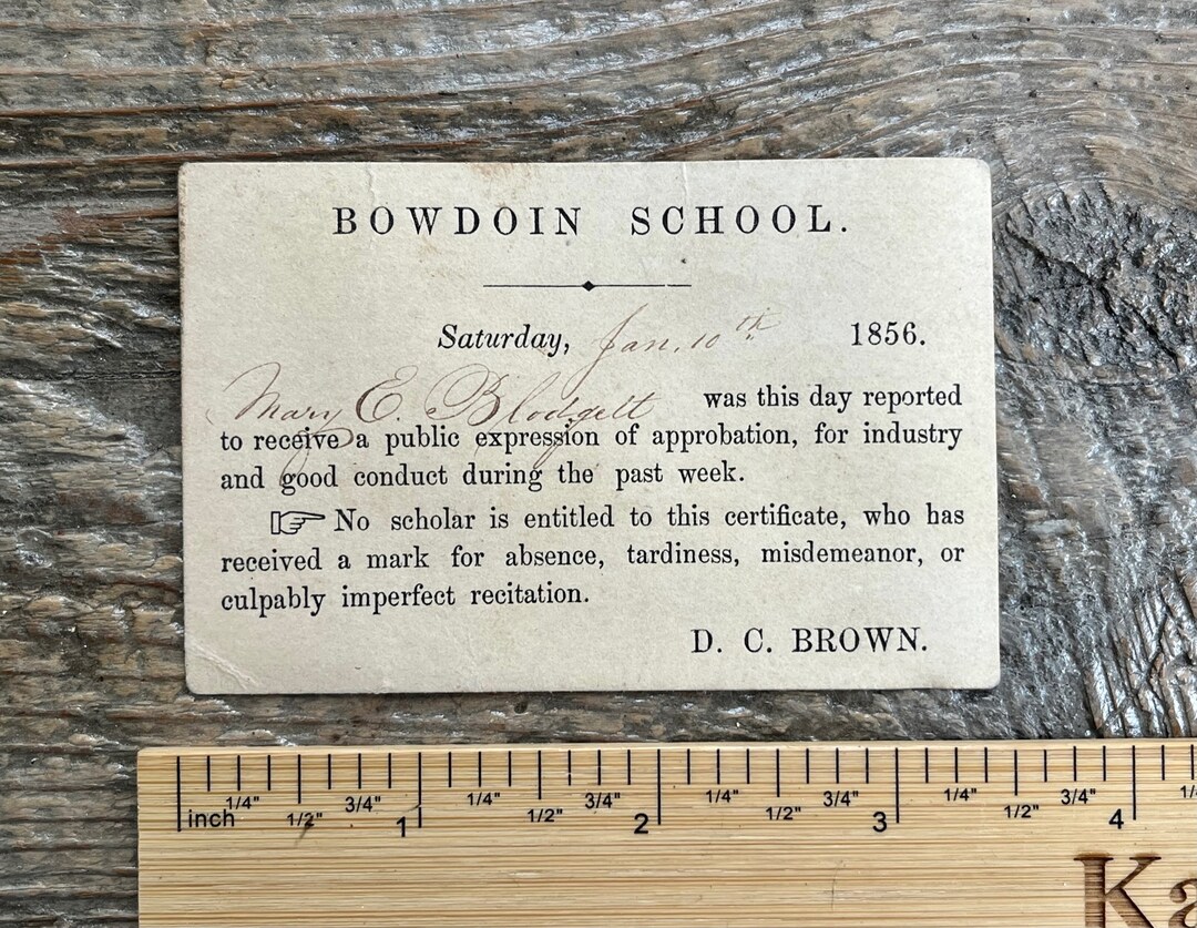 Rare Pre-civil War Ephemera Certificate of Merit 1856 From Bowdoin ...