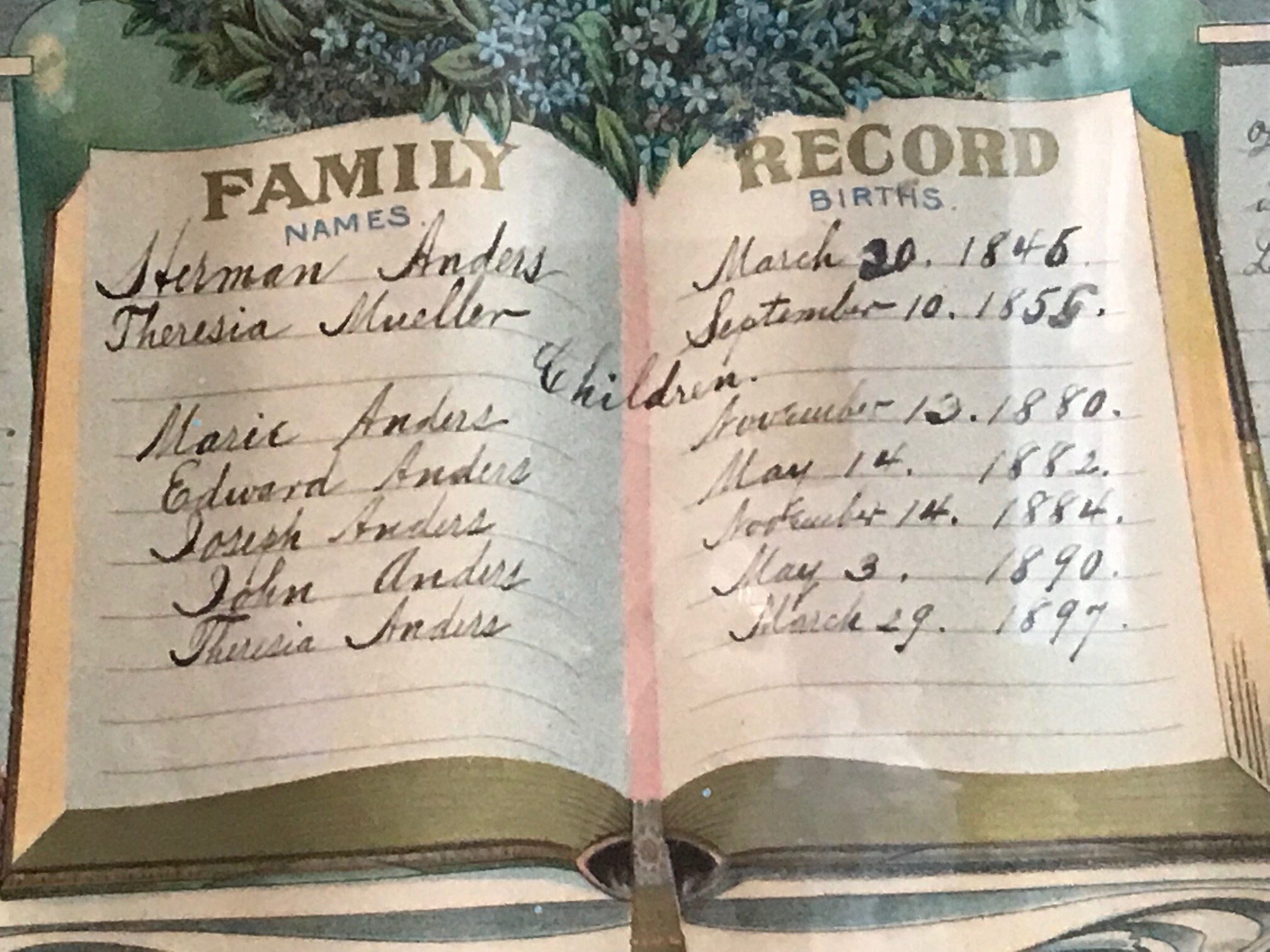 Antique (1897) Framed Anders/mueller Family Record in Vintage Blue ...