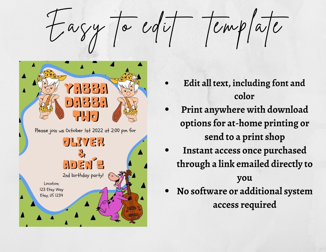 Bamm-bamm X2 Yabba Dabba Two, Birthday Invitation, Printable ...