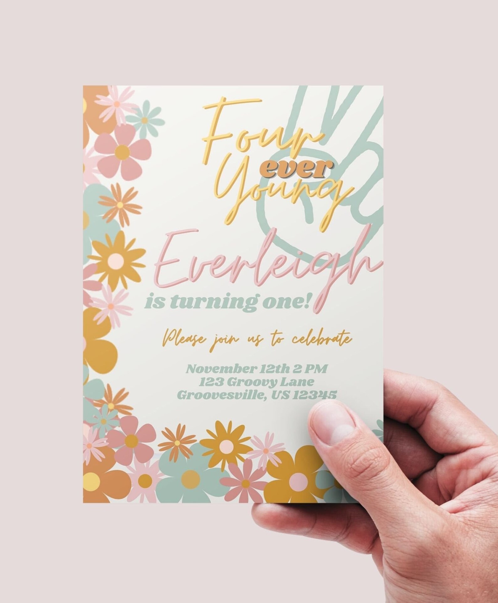 Four Ever Young L Birthday Invitation, Printable, 60-70's Themed 1st ...
