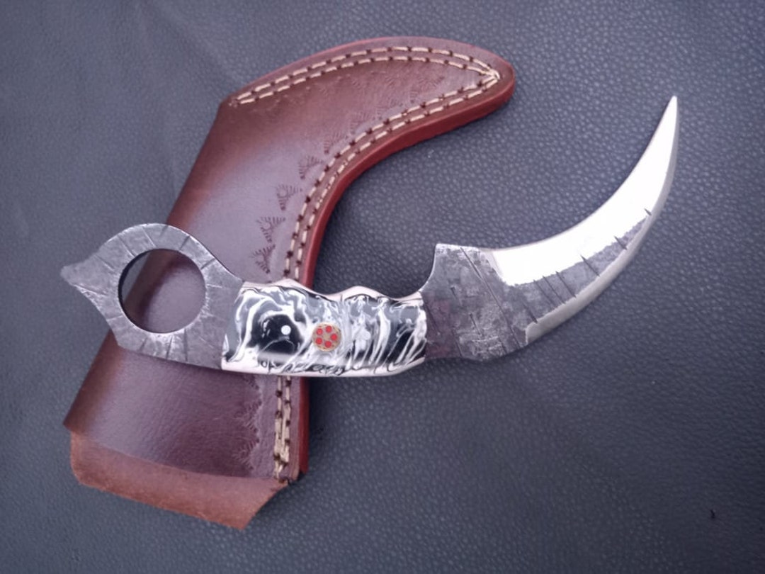 Custom Handmade Damascus Steel Forged Karambit Knife With Leather Cover ...