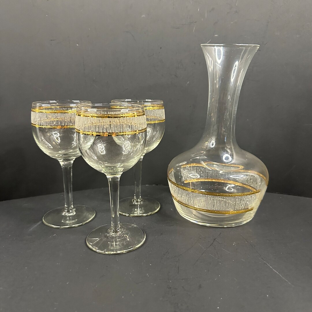 Vintage Culver Icicle Carafe Decanter With 3 Wine Glasses MCM Barware ...