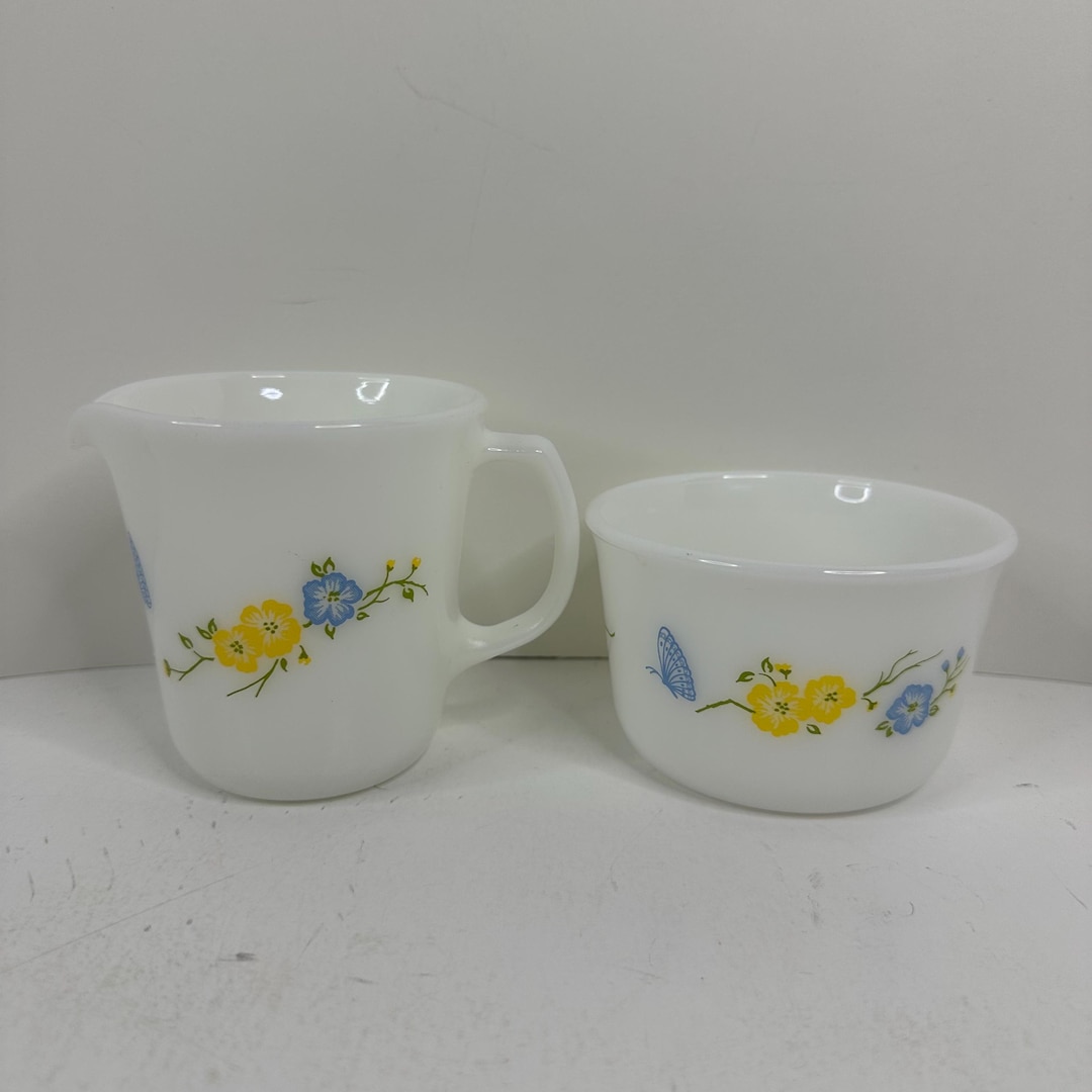 Vintage Pyrex Flirtation Yellow Blue Flowers, Butterflies Creamer and ...
