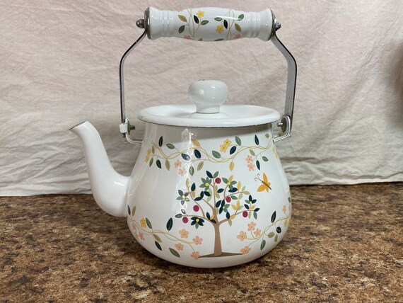 Vintage Enamel Tea Kettle With Tree Butterfly Flower and - Etsy