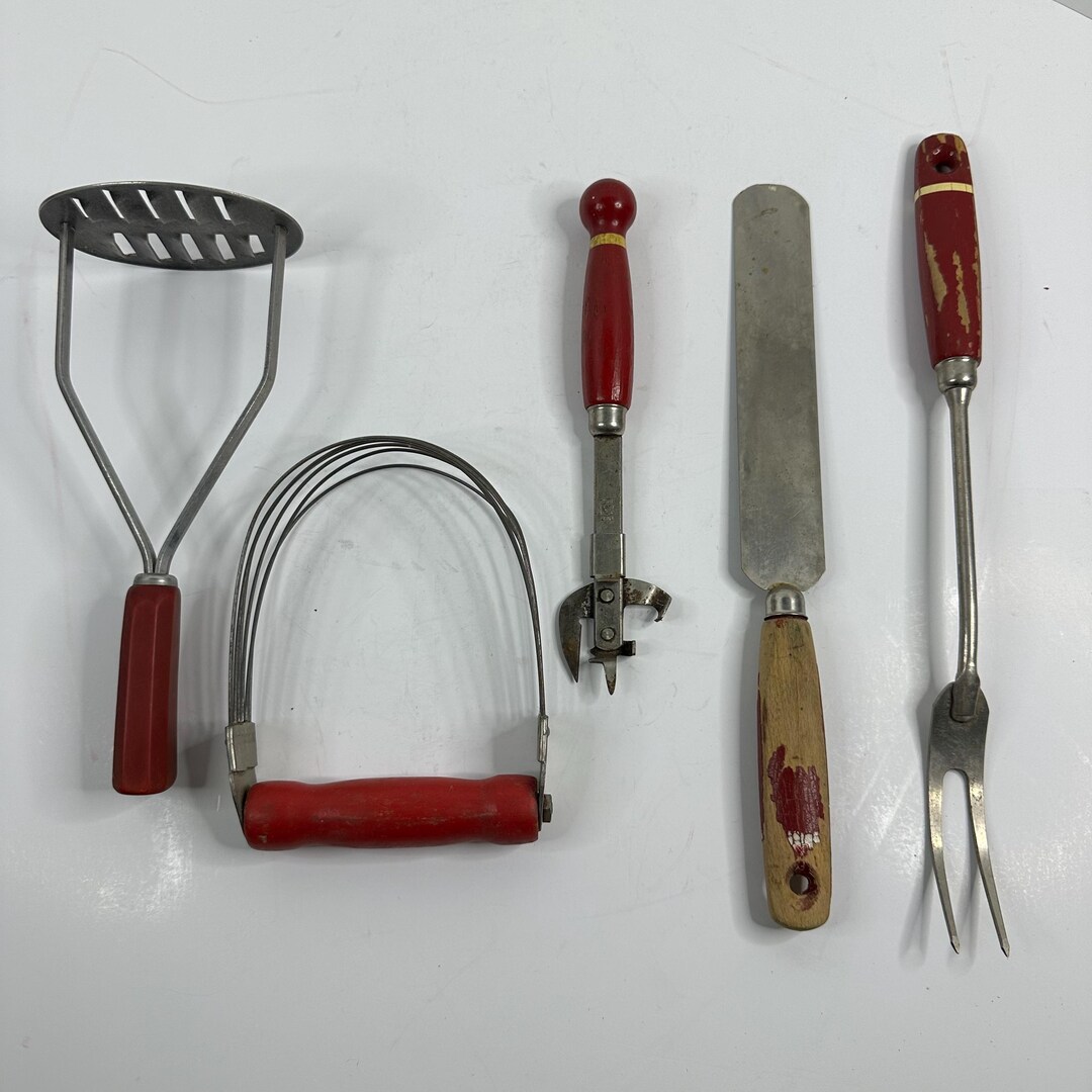 Vintage Red Handle Decorative Kitchen Utensils 5 Piece Set - Etsy