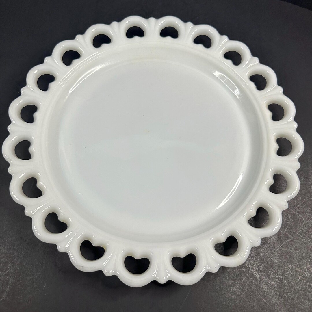 Vintage 13" Round Milk Glass Cake Plate, Anchor Hocking Lace Edged ...