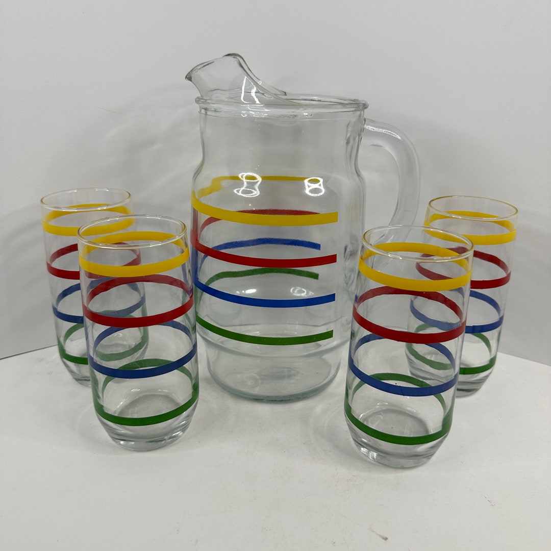 Anchor Hocking Colorful FIESTA STRIPE 1/2 Gallon Ice Lip Pitcher W/ 4 ...