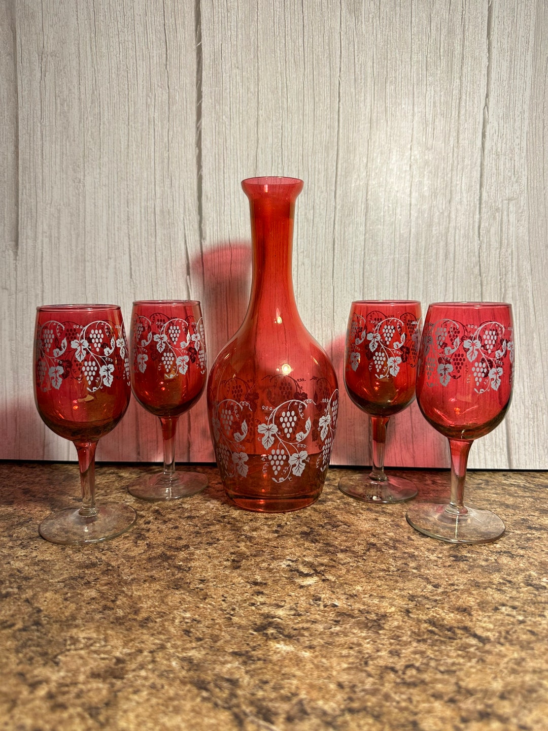 Vintage West Virginia Glass Co Ruby Cranberry Glass Flash Decanter & 4 ...