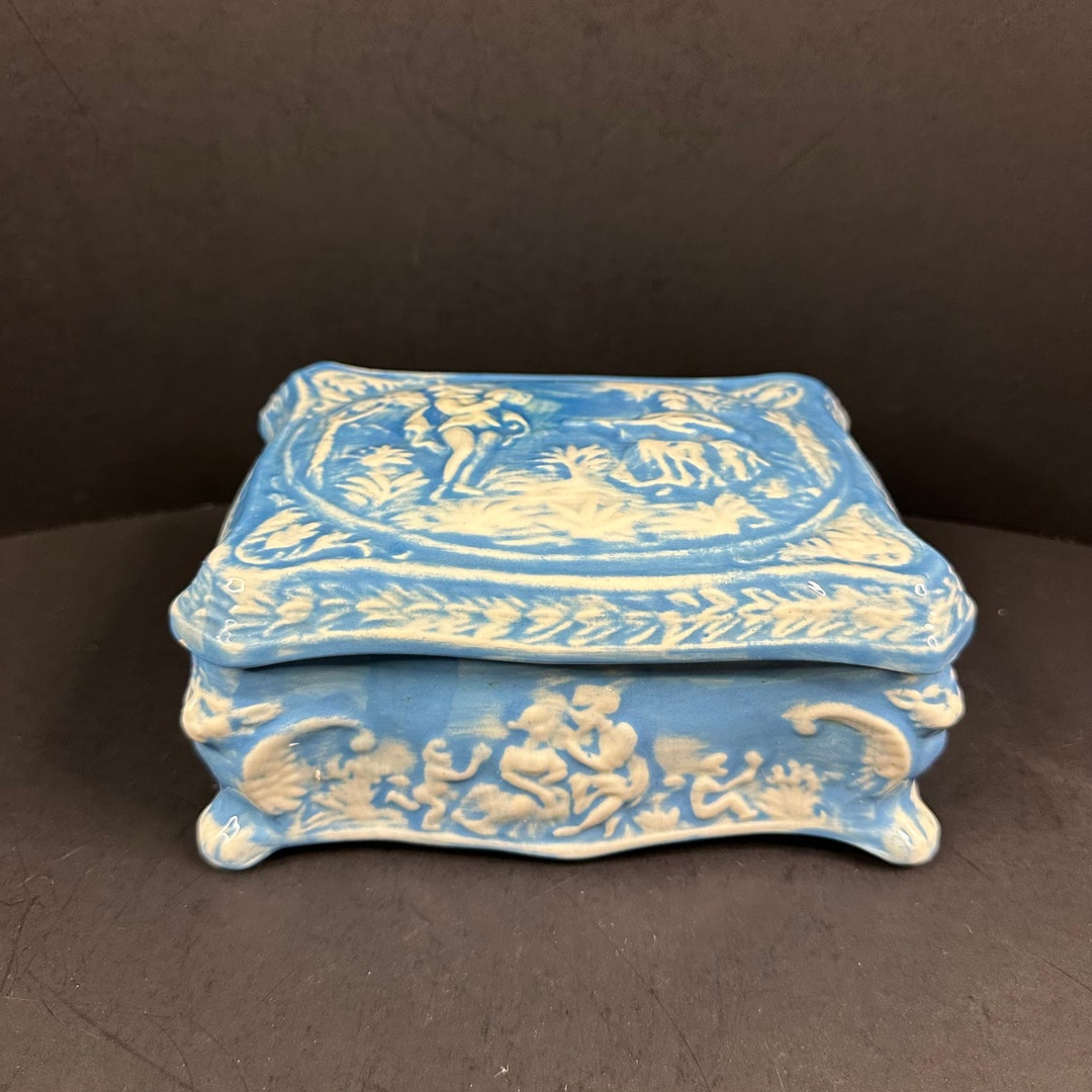 Vintage Ceramic Jewelry Trinket Box, Victorian Style, Blue Wash Glaze ...