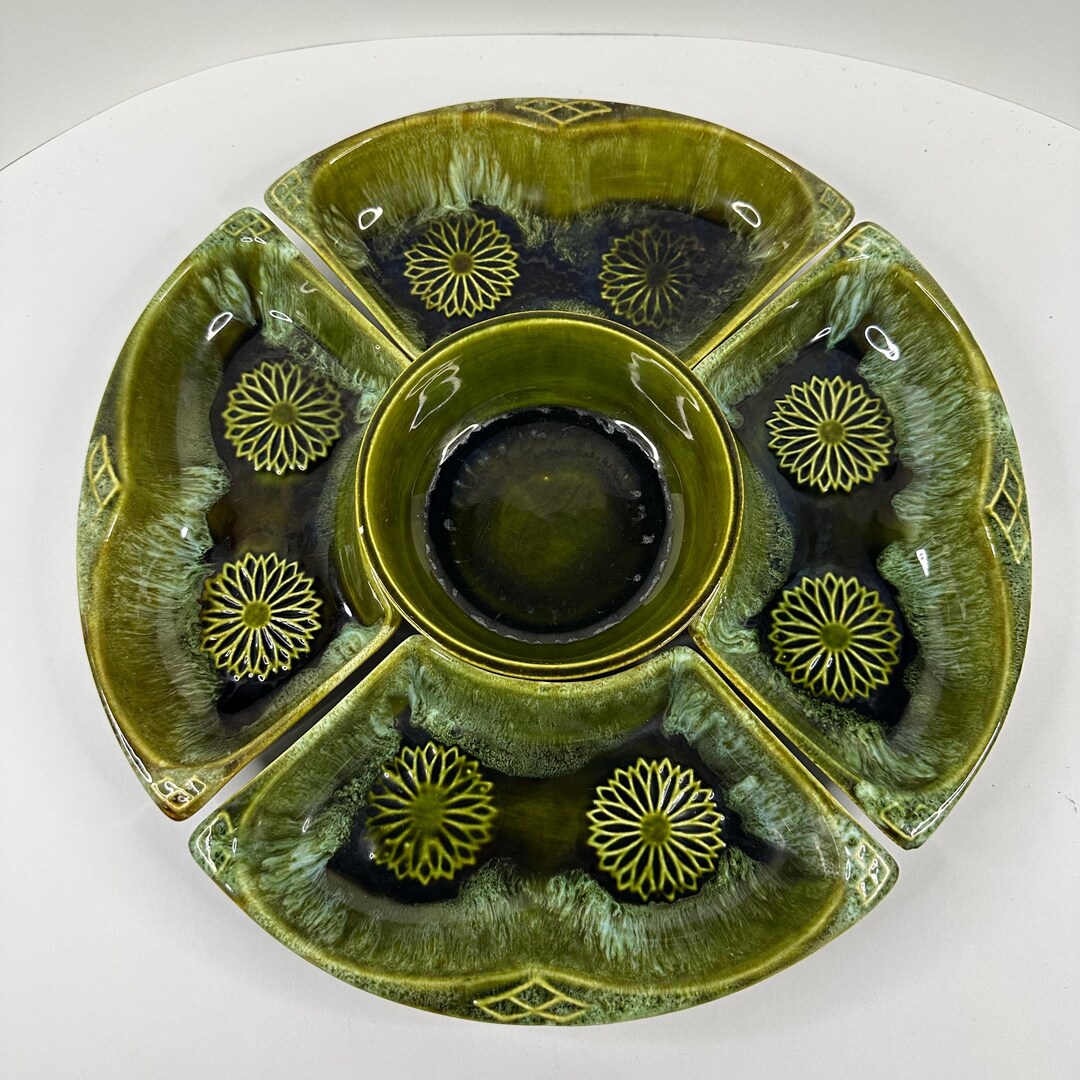 Wade of California Green Drip Glaze Pottery 5 Piece Lazy Susan Serving ...