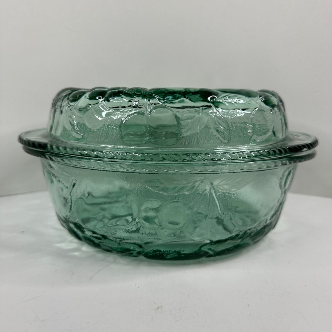Libbey Orchard Fruit Green Glass 3 Quart Covered Casserole Dish, Pie ...