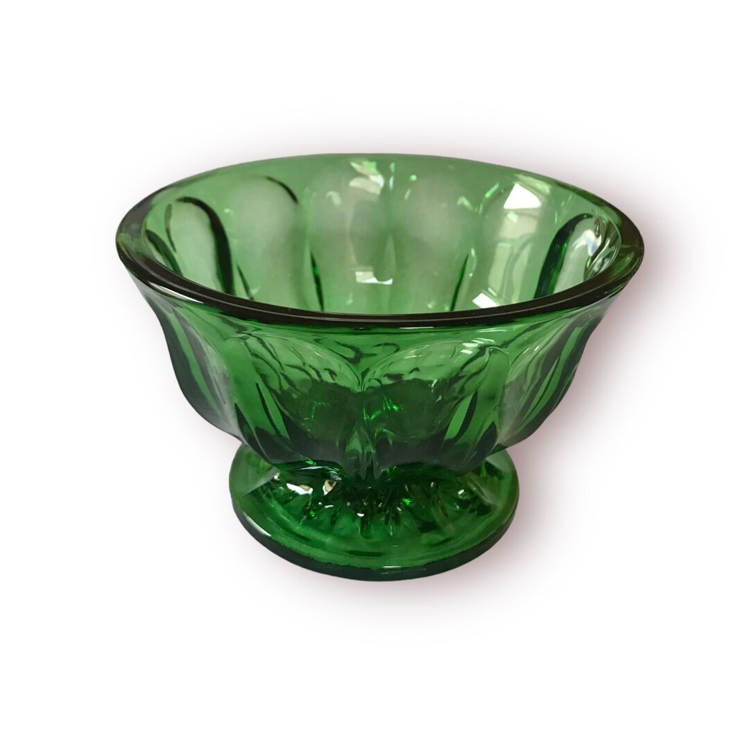 Anchor Hocking Emerald Green Glass Thumbprint Pedestal Candy Dish Bowl ...