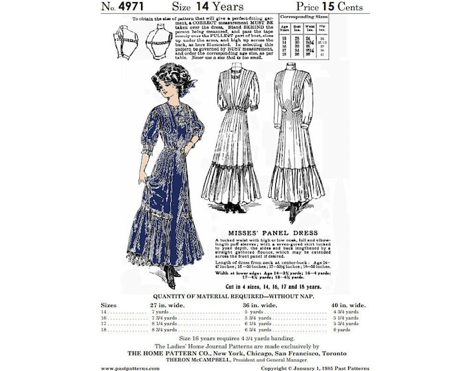 Past Patterns 4971 Download - Edwardian Misses Panel Dress Pattern Bust ...