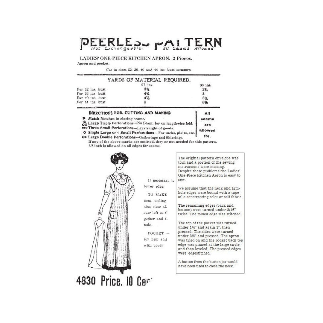 Past Patterns 4830 Download - 1910s One-piece Kitchen Apron Sewing ...