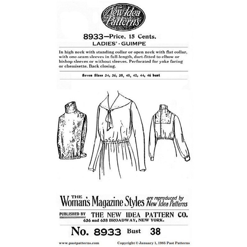 Past Patterns 8933 Edwardian Ladies Guimpe Sewing Pattern Bust 38 B38 ...