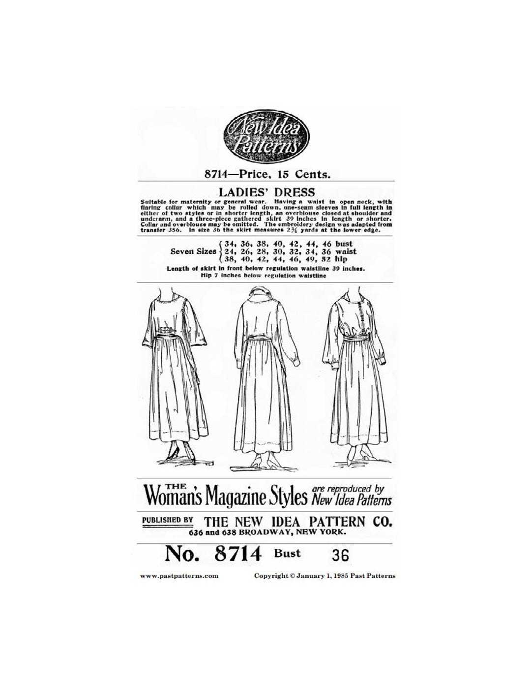 Past Patterns 8714 Download - Late 1910s Dress Pattern Bust 36 B36 New ...