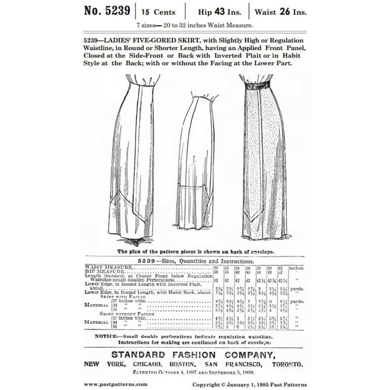 Past Patterns 5239 Download - Edwardian Five Gored Skirt Sewing Pattern ...