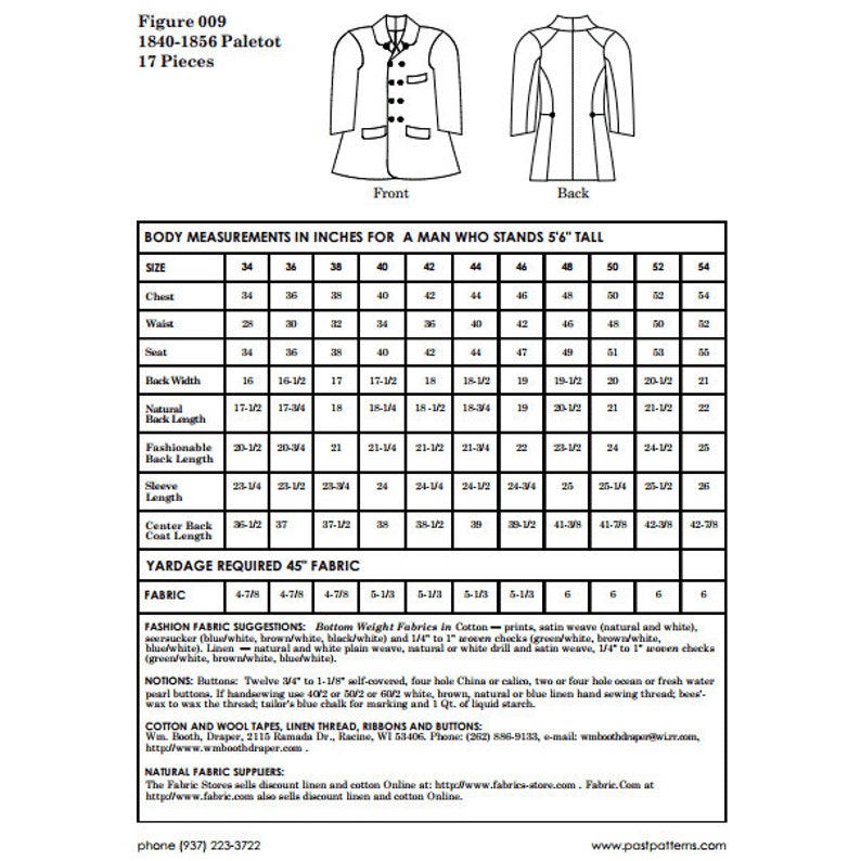 Past Patterns 0009 Downloads - 1840s Men’s Paletot Sewing Pattern Chest ...
