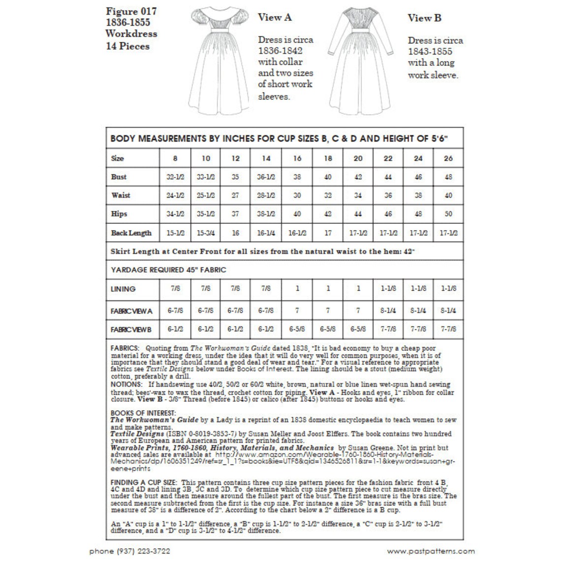Past Patterns 0017 1830s Workdress Sewing Pattern Sized 08-14 16-20 22 ...