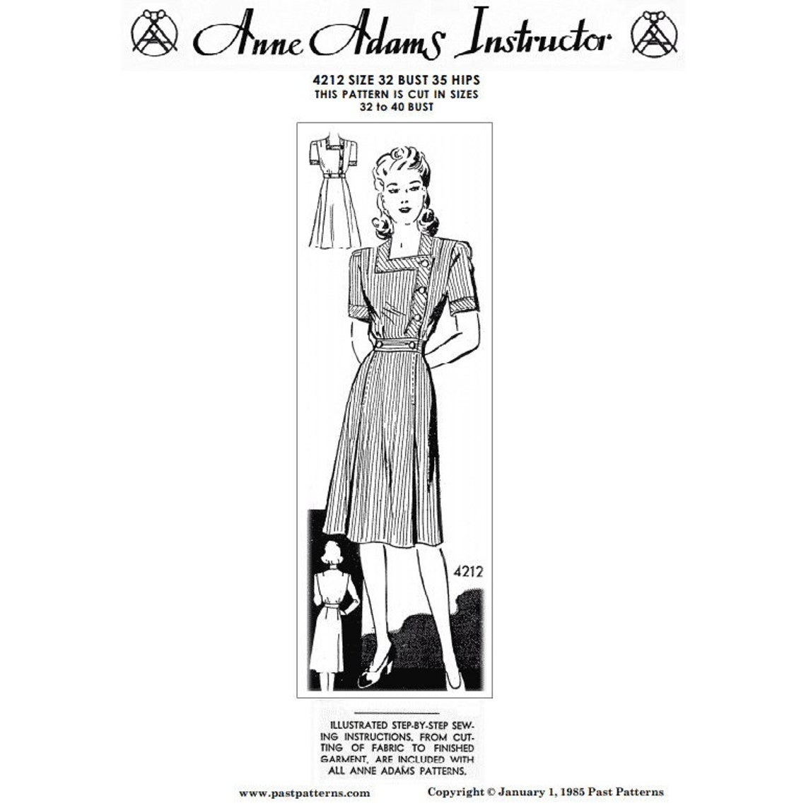 Past Patterns 4212 - 1940s Square Neck Dress Sewing Pattern Bust 35 B35 ...