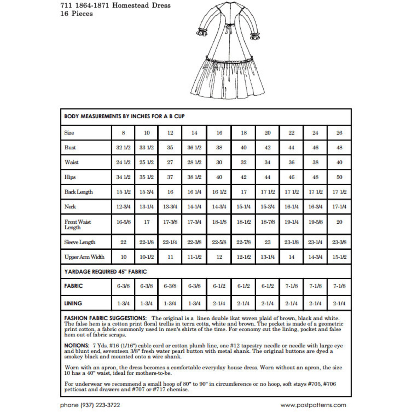 Past Patterns 0711 - 1860s Homestead Dress Sewing Pattern an Original ...