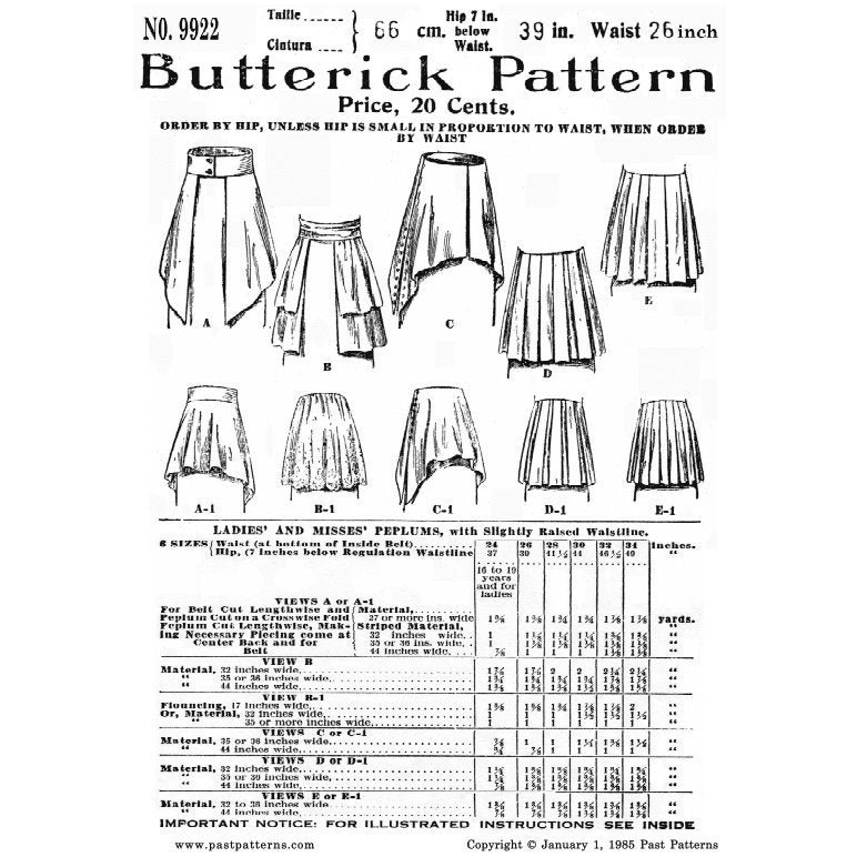 Past Patterns 9922 - 1910s Peplums Sewing Pattern Waist 26 W26 ...