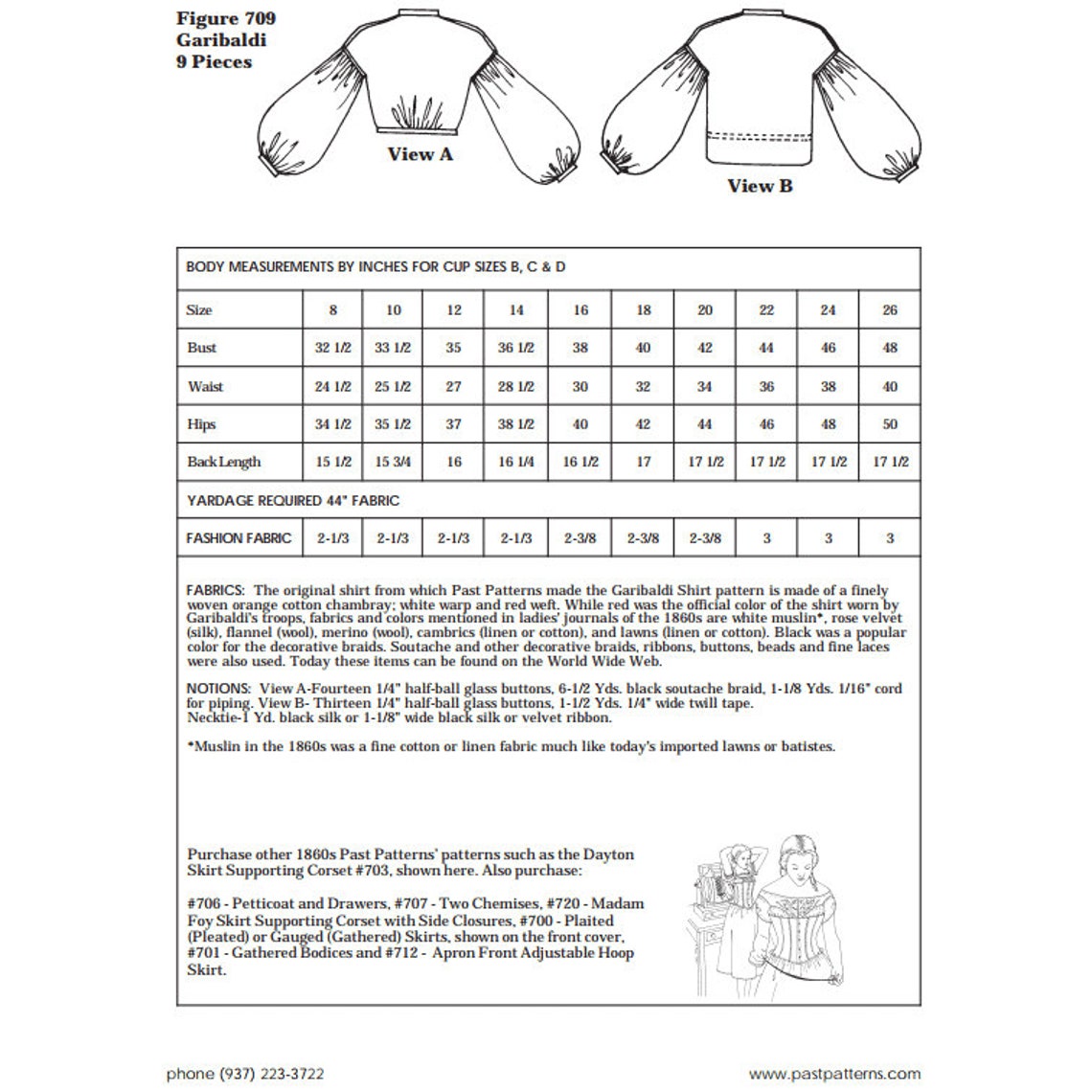 Past Patterns 0709 Download - 1860s Garibaldi Shirt Sizes 08-26 | A0 A4 ...