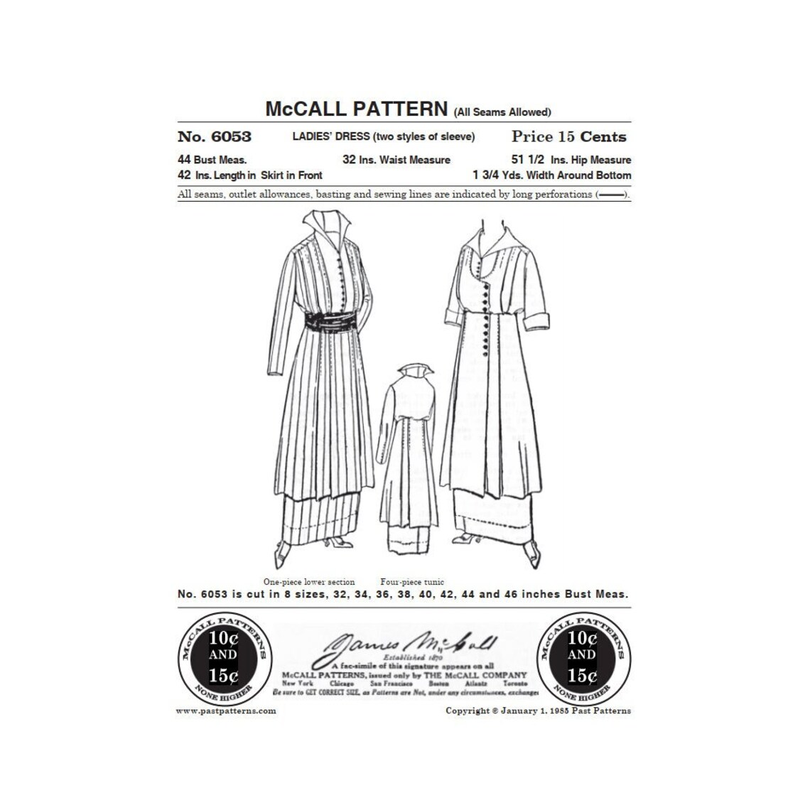 Past Patterns 6053 Download - Mid-1910s Ladies Dress Pattern Bust 44 ...