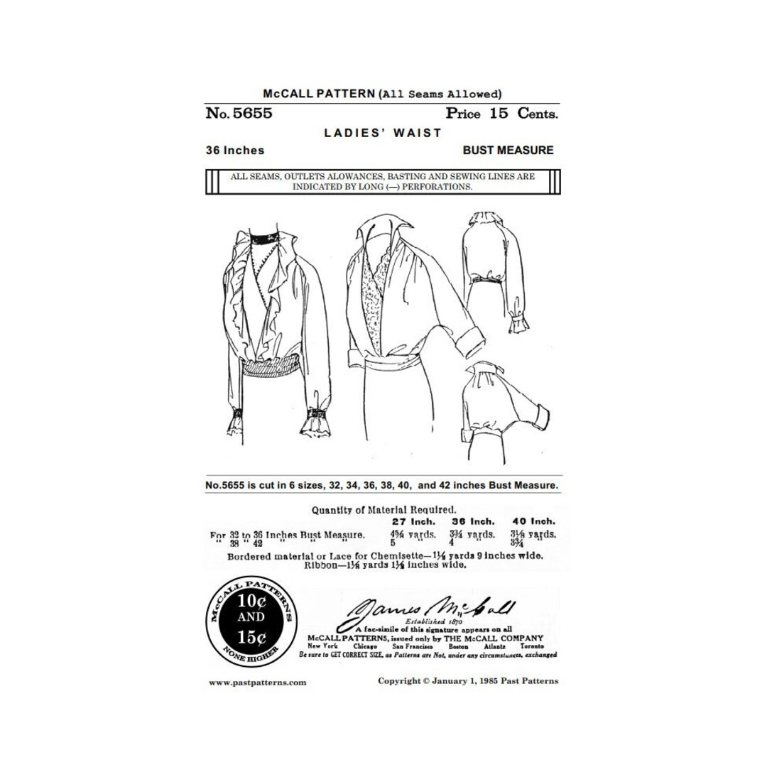 Past Patterns 5655 Download - Mid 1910s Ladies Waist Sewing Pattern ...