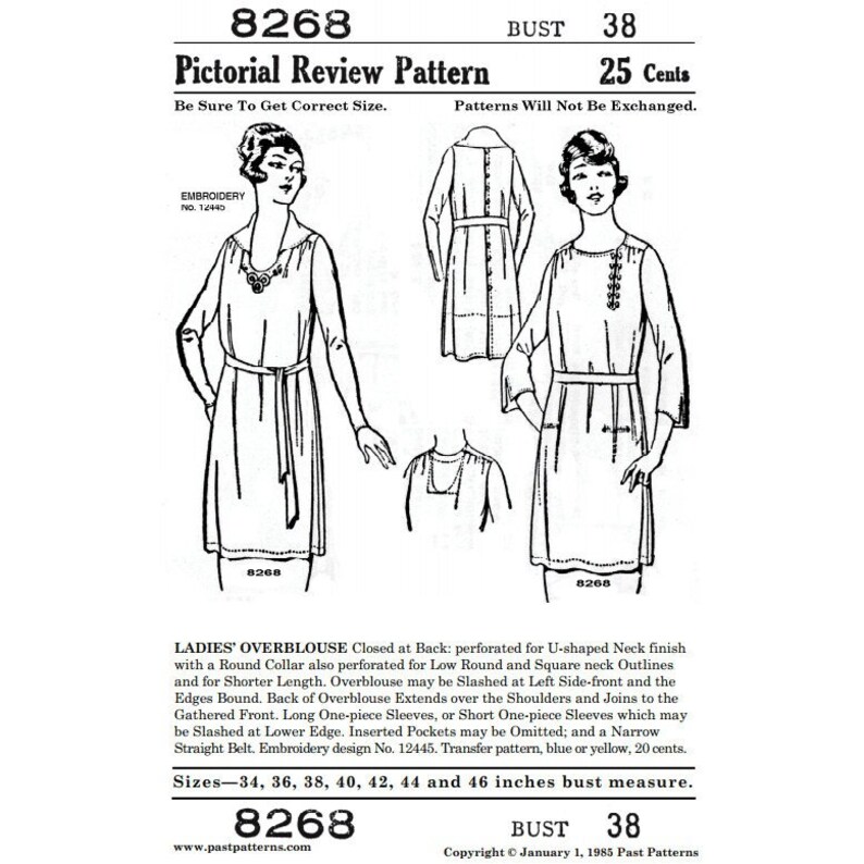 Past Patterns 8268 - Early 1920s Overblouse Sewing Pattern Bust 38 B38 ...