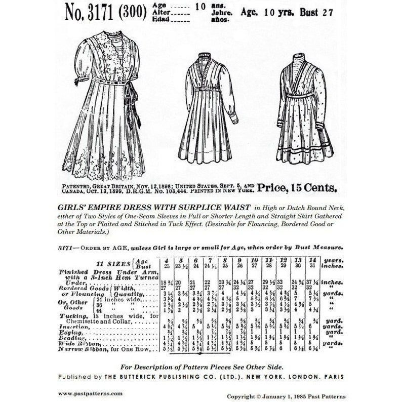 Past Patterns 0300 Mid 1910s Girls Empire Dress With - Etsy
