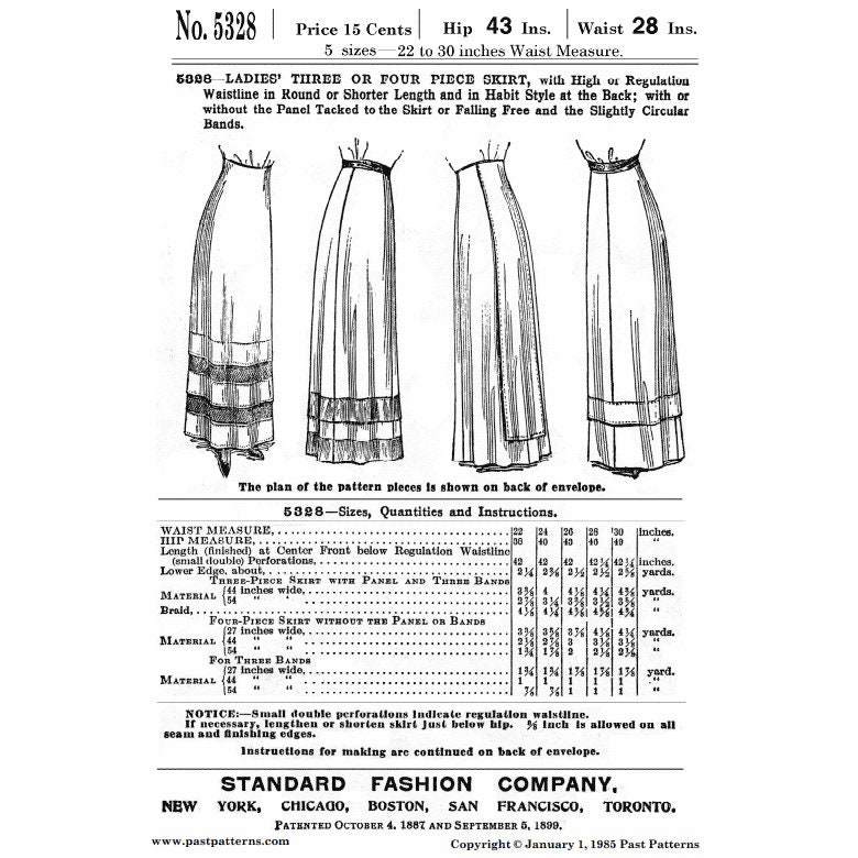 Past Patterns 5328 Download 1910s Skirt Sewing Pattern Waist 28 W28 ...