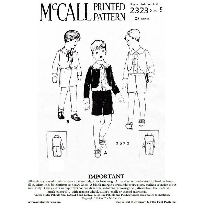 Past Patterns 2323 - Early 1920s Boys Bolero Suit Sewing Pattern for 5 ...