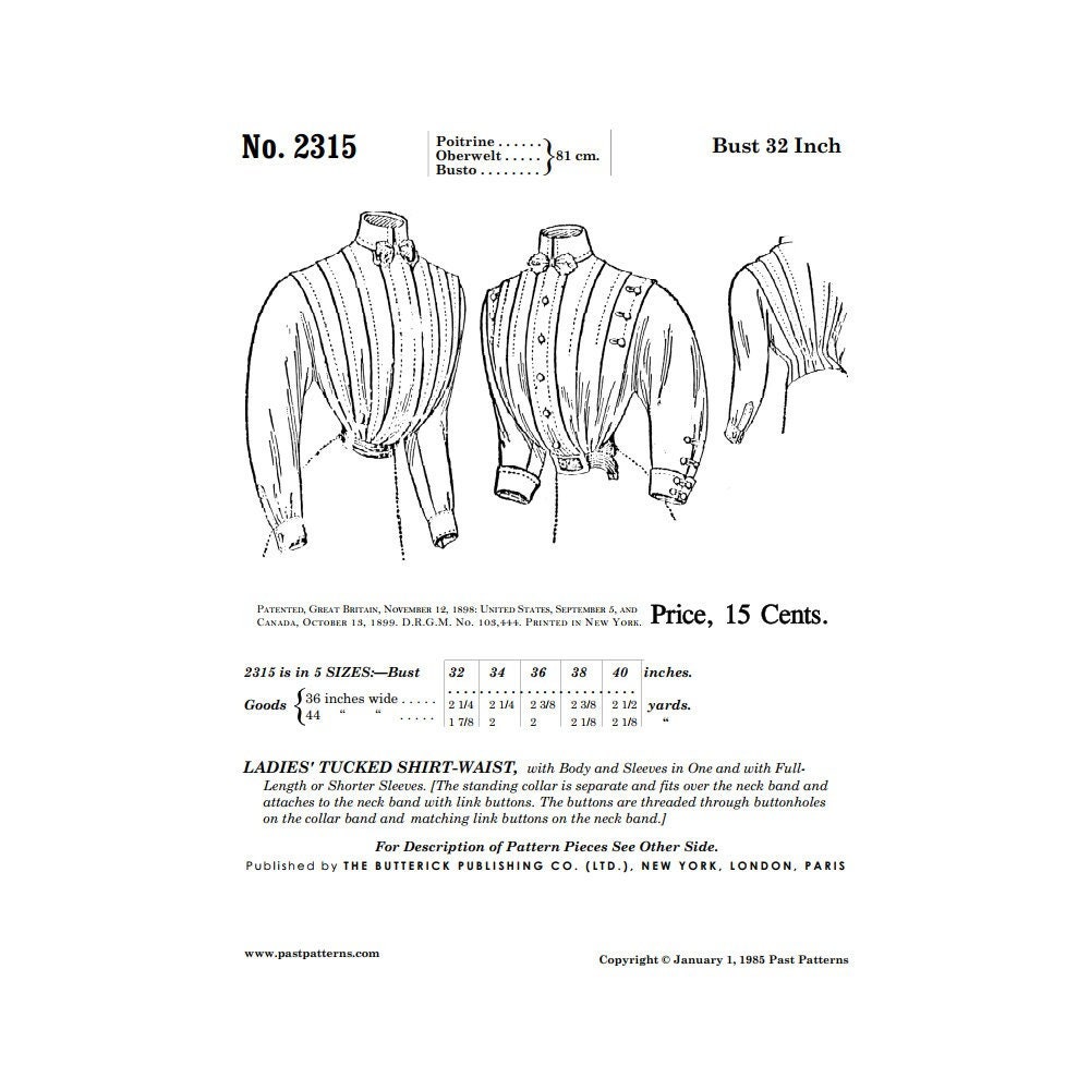 1908 Edwardian Tucked Shirt Waist Pattern – Butterick Reproduction Bust ...