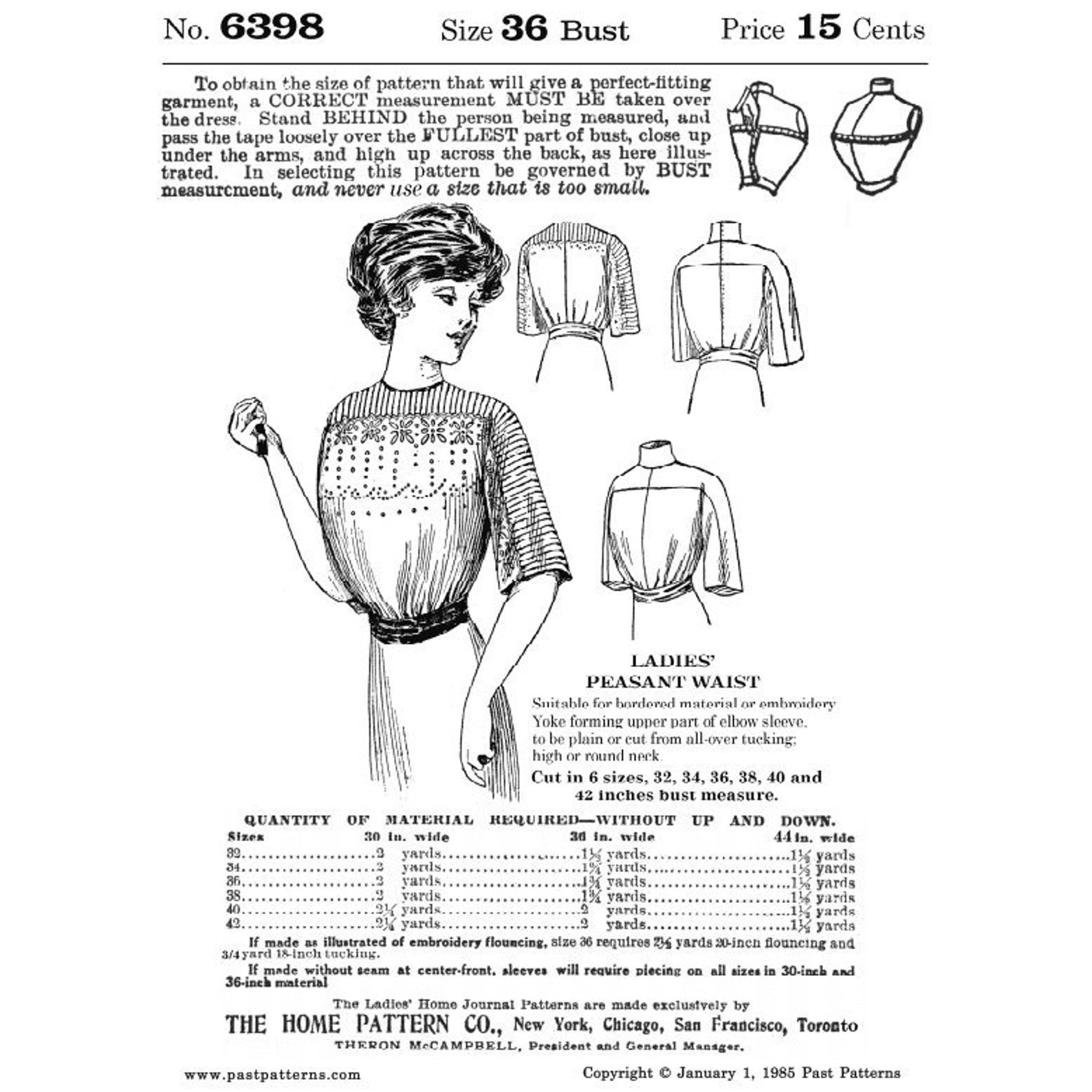 Past Patterns 6398 - Mid 1910s Peasant Waist Sewing Pattern Bust 36 B36 ...
