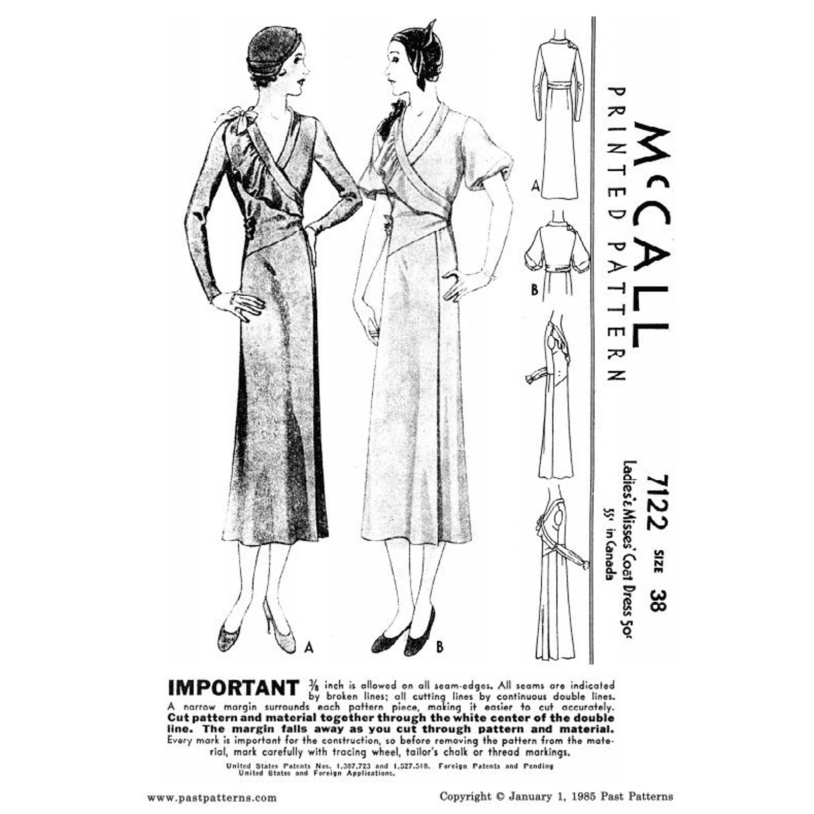 Past Patterns 7122 Early 1930s Ladies Coat Dress Sewing Pattern Bust 38 ...