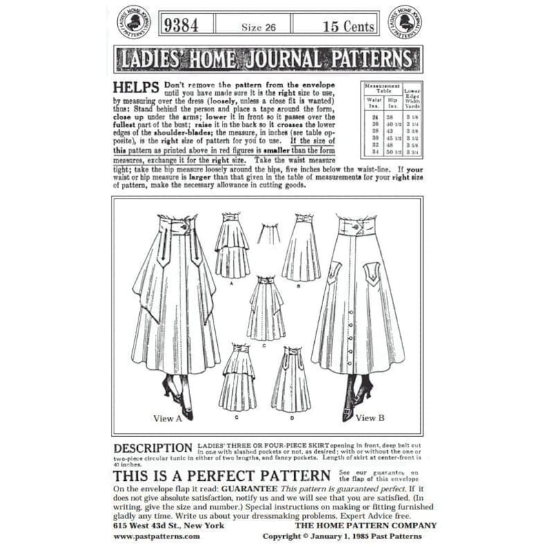 1910s Skirt Sewing Pattern: Ladies Home Journal Reproduction | Past ...