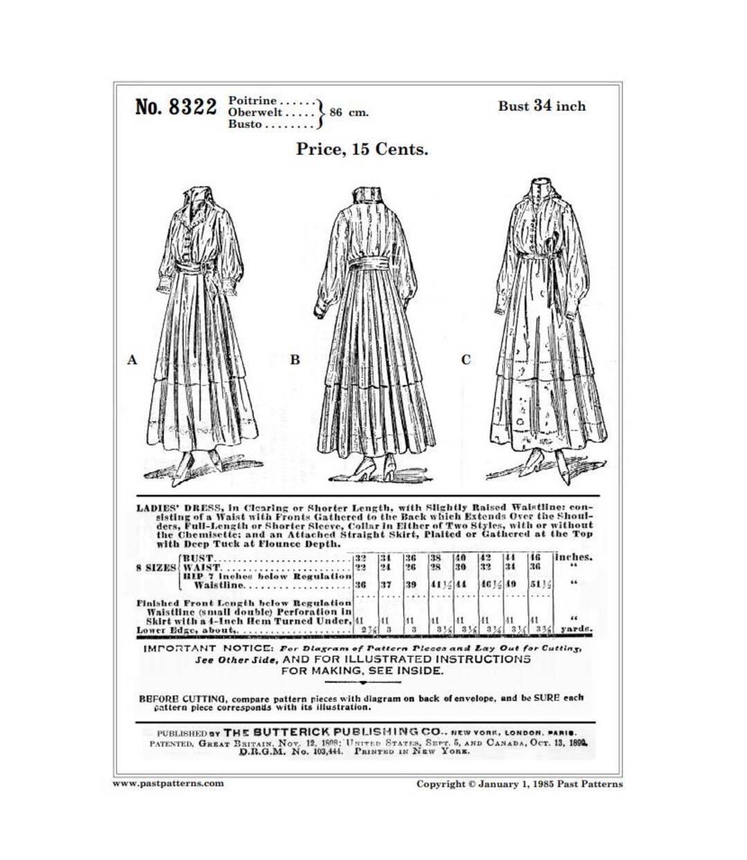 Past Patterns 8322 Download - Mid 1910s Party Dress Sewing Pattern Bust ...