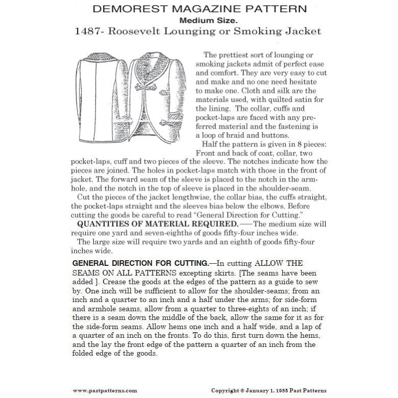 Past Patterns 1487 - Early 1900s Roosevelt Smoking Jacket Sewing Pattern Chest 44-54 Demorest ...