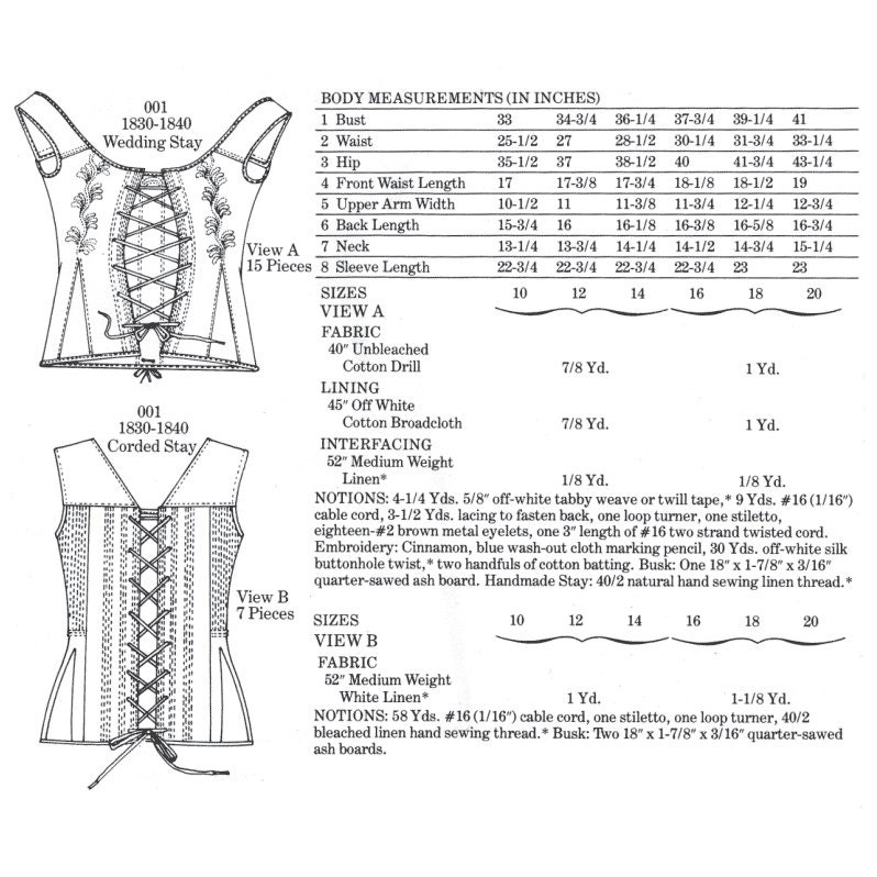 Past Patterns 0001 - 1800s Corded Stay Sewing Pattern | Bust 33-41 ...