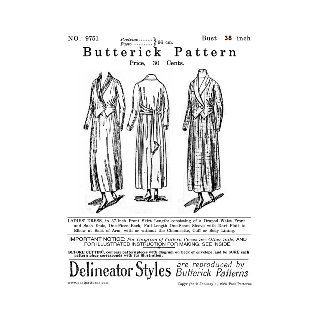 1918 Edwardian Dress Pattern PDF Bust 38 | Butterick 9751 Reproduction ...