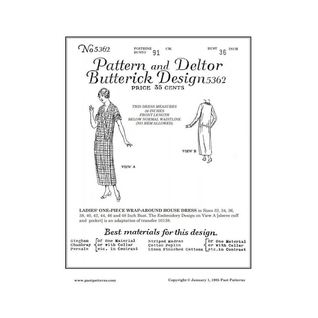 Past Patterns 5362 Download - Mid 1920s One-piece Wrap-around House ...