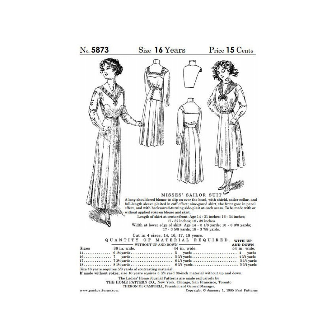 Past Patterns 5873 Download - 1910s Misses Sailor Suit Sewing Pattern ...