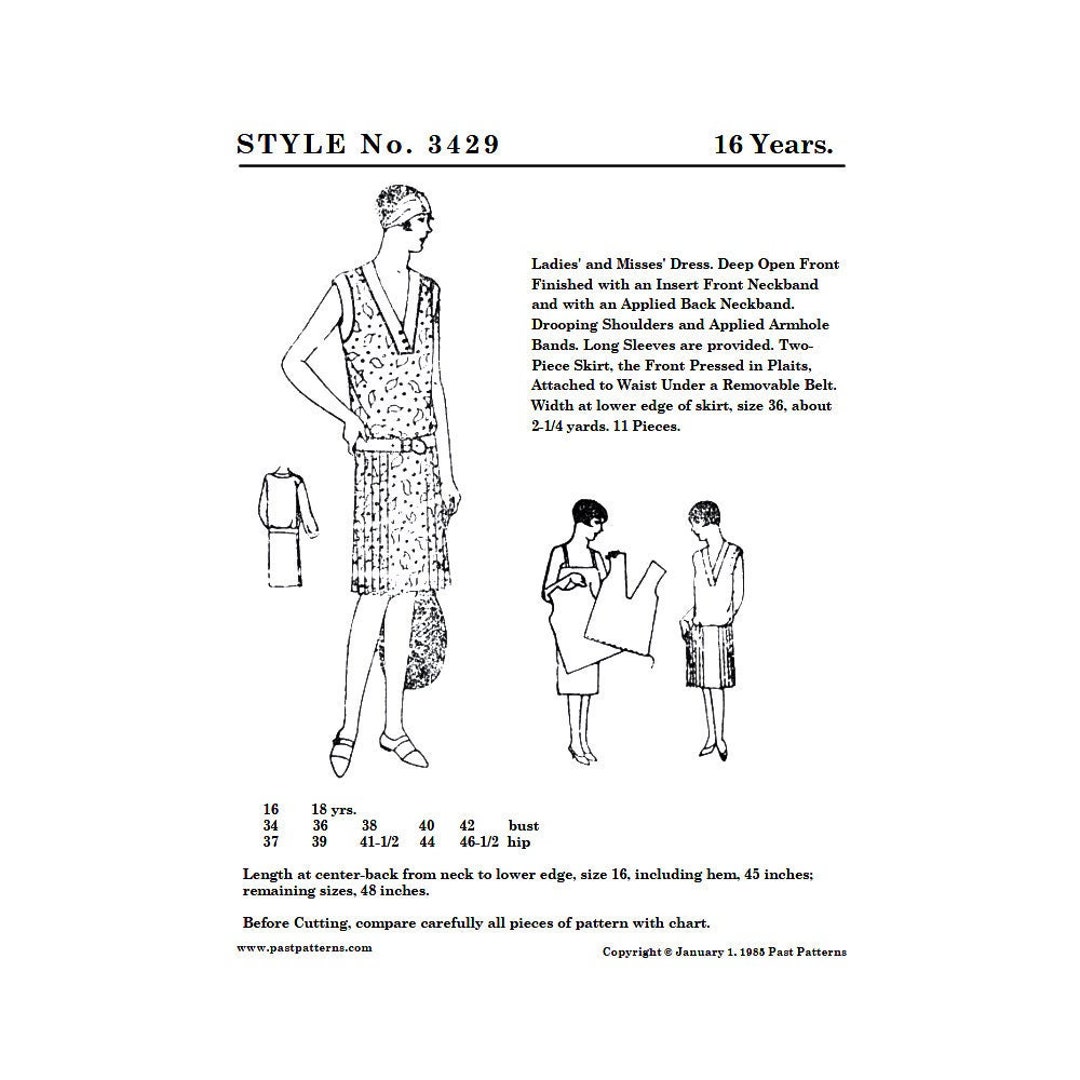 Past Patterns 3429 Download - Flapper Era V-neck Dress Sewing Pattern ...