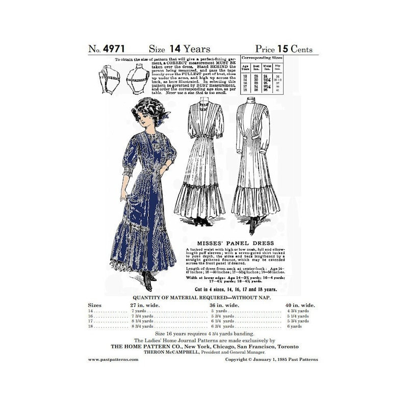 Past Patterns 4971 Download - Edwardian Misses Panel Dress Pattern Bust ...