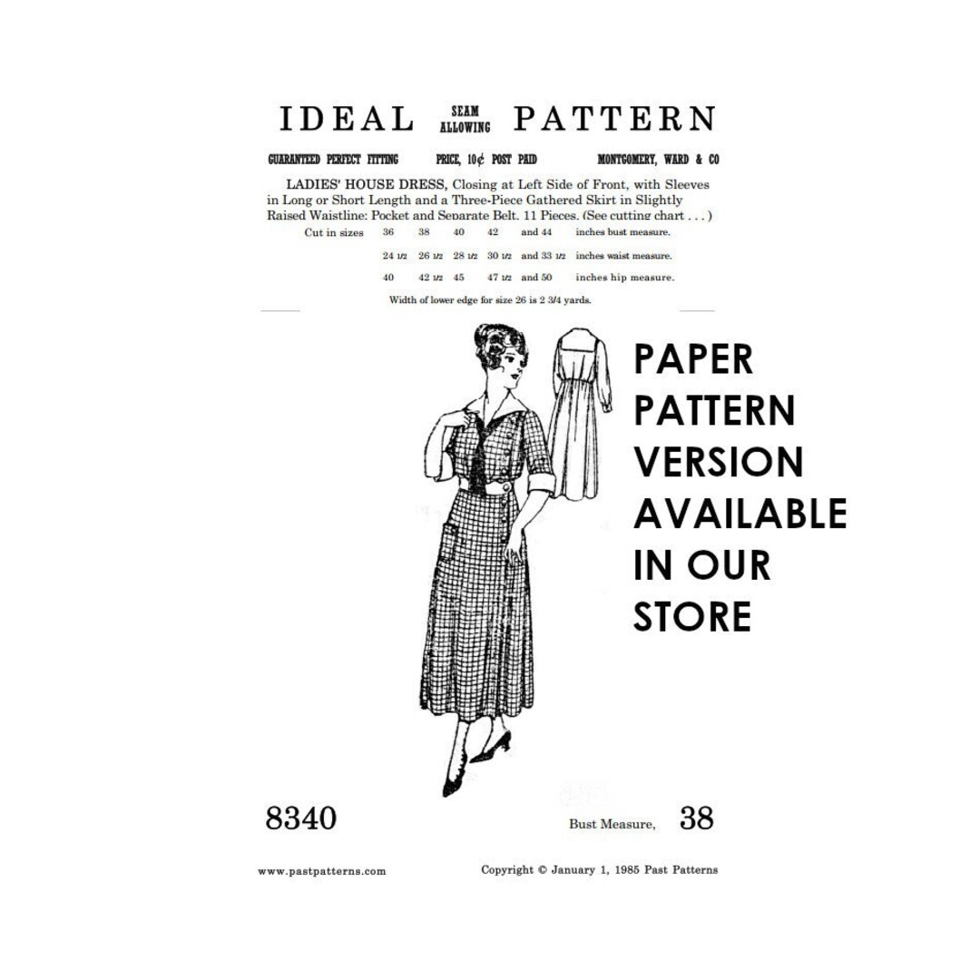Past Patterns 8340 Download - 1920s House Dress Sewing Pattern Bust ...